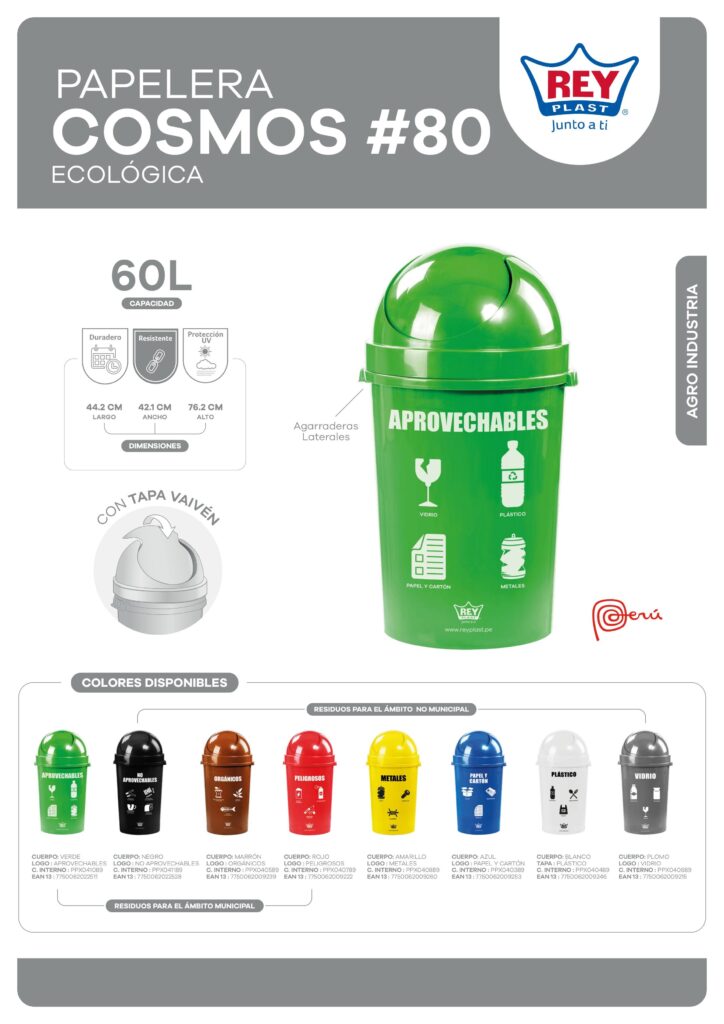PAPELERA COSMOS # 80 C/TAPA C/ LOGO - ECOLOGICO - Plasticos Rey