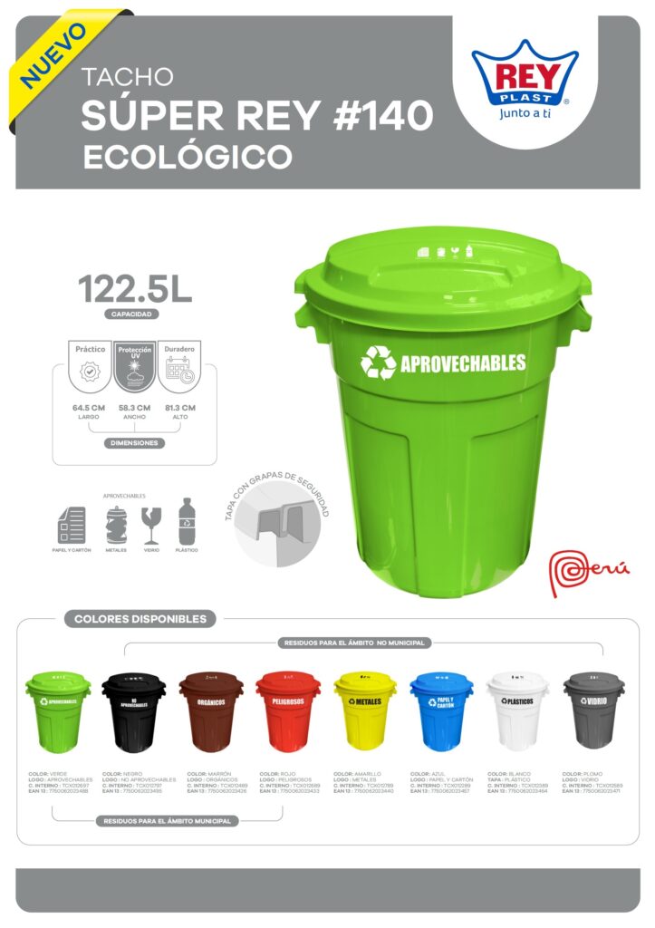 TACHO SUPER REY # 140 C/TAPA C/LOGO - ECOLOGICO - Plasticos Rey